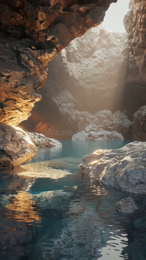 Warm Light Filters into a Tranquil Cave Pool, Highlighting the Textured ...
