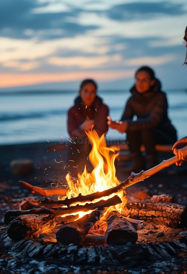 Two People Sitting Around a Campfire Stock Illustration - Illustration ...