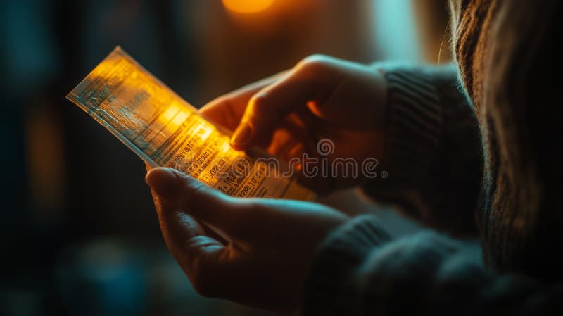 Hands Holding a Winning Ticket Illuminated by Warm Light in a Cozy ...