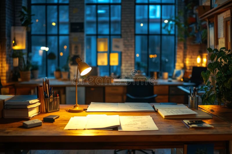 Warm Light Illuminates a Desk Cluttered with Papers and Books, Creating ...