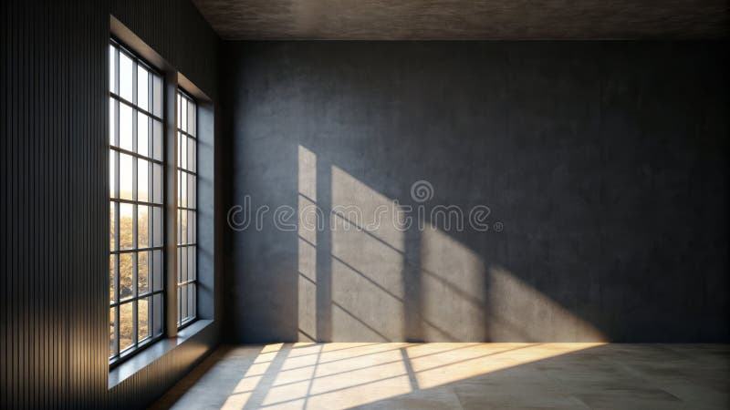 Warm Light Illuminates Geometric Shadow Play on a Black Wall beside a ...