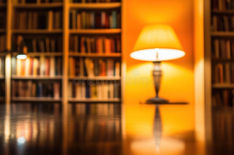 Warm Light Illuminating Library Bookshelves and Reflecting on Table ...