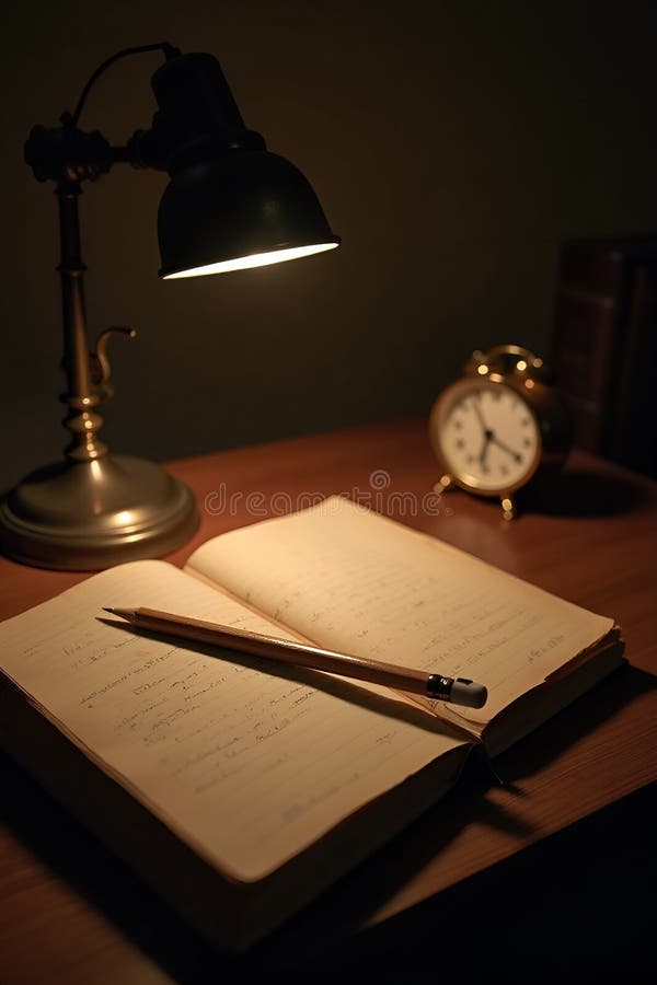 Warm Light from a Lamp on the Table. Notebook and Pencil on the Table ...