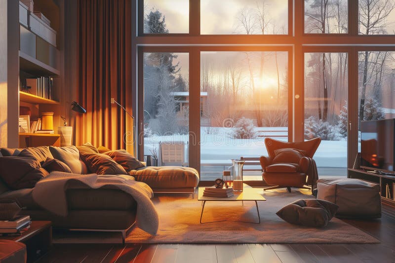 Warm Light Living Room Interior. Big Windows, Sofas and Greenery ...