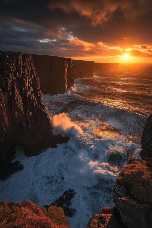 The Warm Light of Sunset Bathes Towering Sea Cliffs, As Waves Crash ...