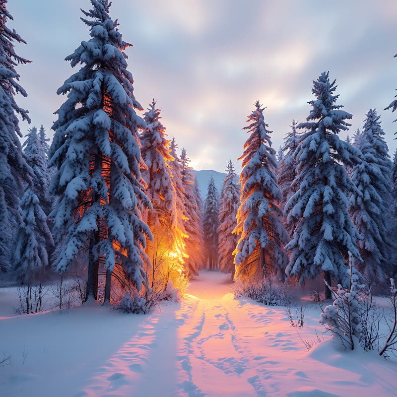 Warm Light on Swedish Snowy Pines Stock Illustration - Illustration of ...