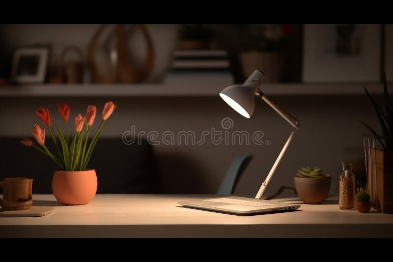 Warm Light from Table Lamp with Laptop Computer, Accessories and Copy ...