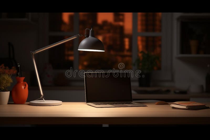 Warm Light from Table Lamp with Laptop Computer, Accessories and Copy ...