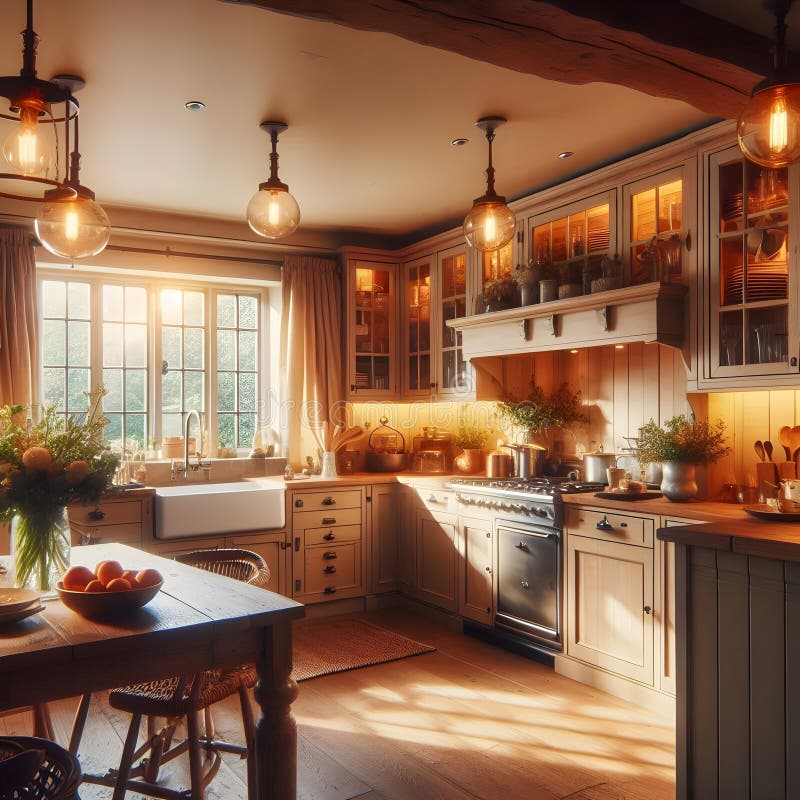 Warm Light Warms the Kitchen with a Gentle Glow. Generative Al Stock ...