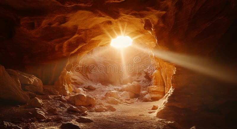 Warm Lighting Creates a Dramatic Scene As Light Rays Enter the Cave ...