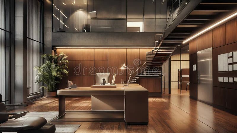 Modern Office Interior Design with Desk, Computer, and Staircase Stock ...