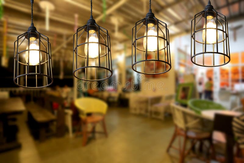 Warm Lighting Modern Ceiling Lamps in the Cafe. Stock Image - Image of ...