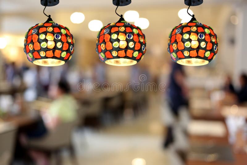 Warm Lighting Modern Ceiling Lamps in the Cafe. Stock Image - Image of ...