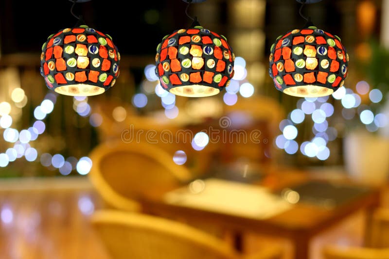 Warm Lighting Modern Ceiling Lamps in the Cafe. Stock Image - Image of ...