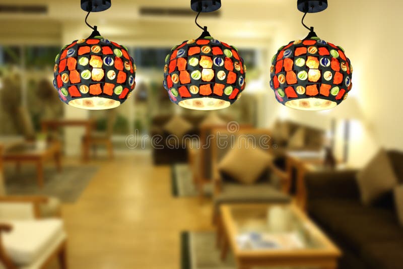 Warm Lighting Modern Ceiling Lamps in the Cafe. Stock Image - Image of ...