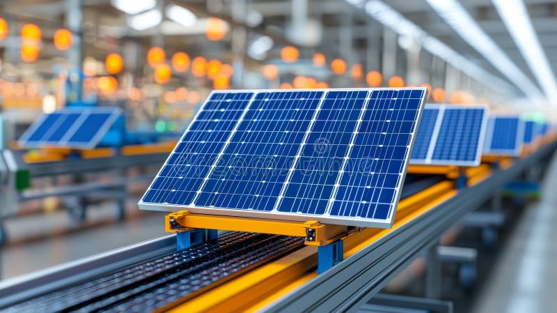 With Warm Lighting, Solar Panels on a Production Line Display Modern ...