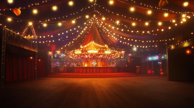 Warm-Lit Circus Tent at Night with String Lights Stock Illustration ...