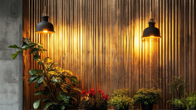 Warm-lit Gold Metal Wall with Plants and Lamps Stock Illustration ...