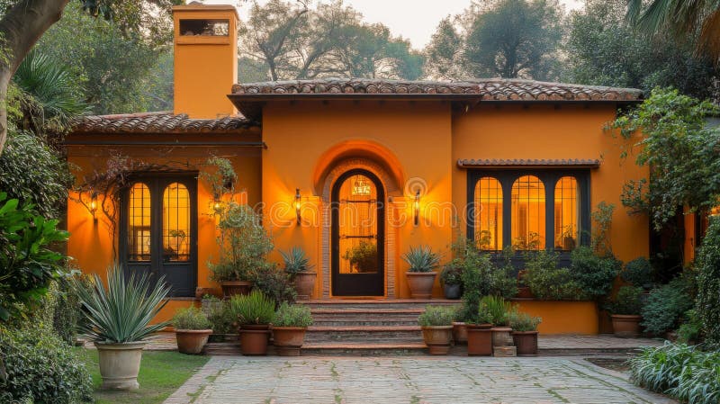 Warm-Lit Orange House Exterior at Dusk Stock Illustration ...