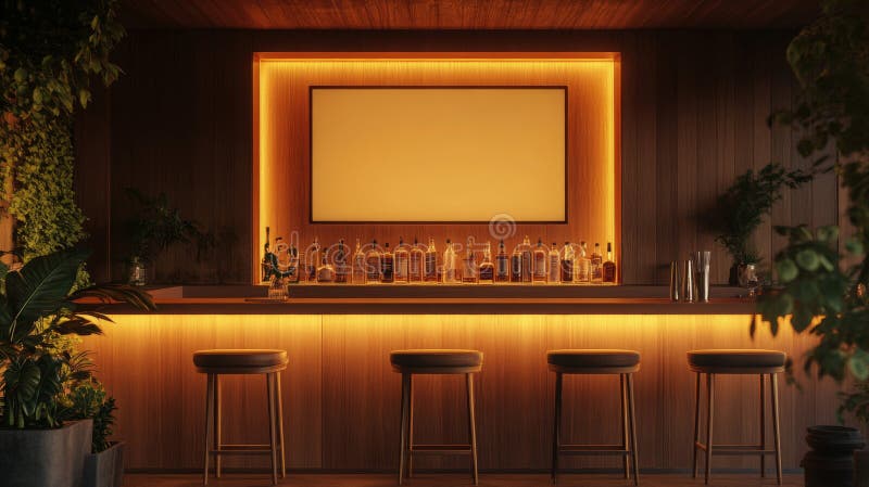 Warm-Lit Tropical Bar Interior with Wooden Counter Stock Illustration ...
