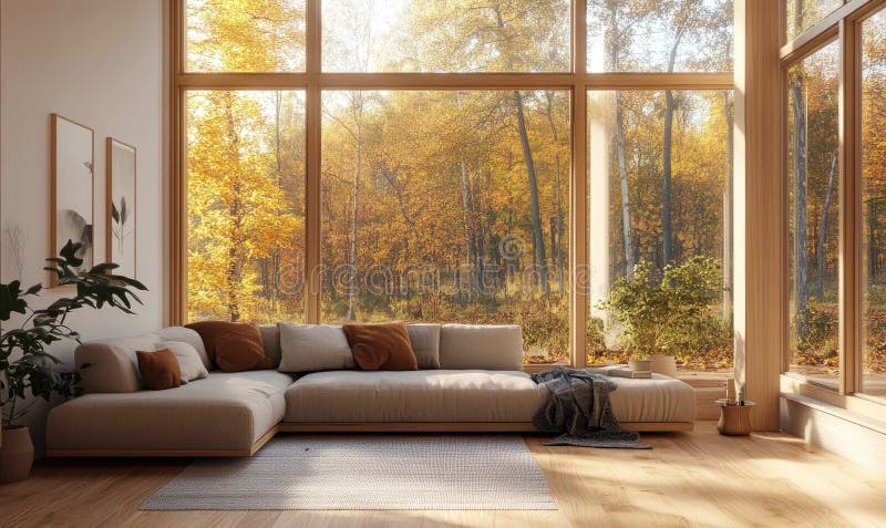 Warm Living Room, Panoramic Window with View on Autumn Forest Stock ...