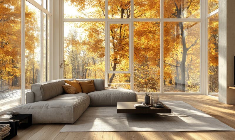 Warm Living Room, Panoramic Window with View on Autumn Forest Stock ...