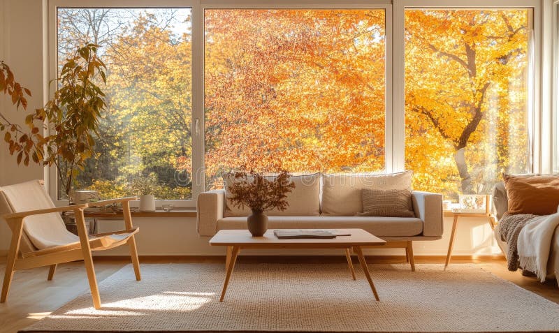 Warm Living Room, Panoramic Window with View on Autumn Forest Stock ...