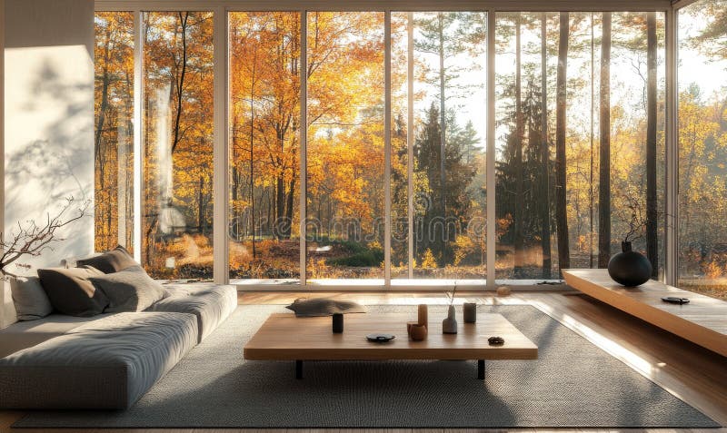 Warm Living Room, Panoramic Window with View on Autumn Forest Stock ...