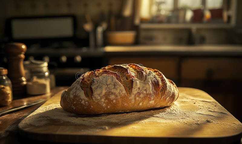 Warm Loaf of Bread on a Floured Board, Rustic Kitchen Stock Photo ...