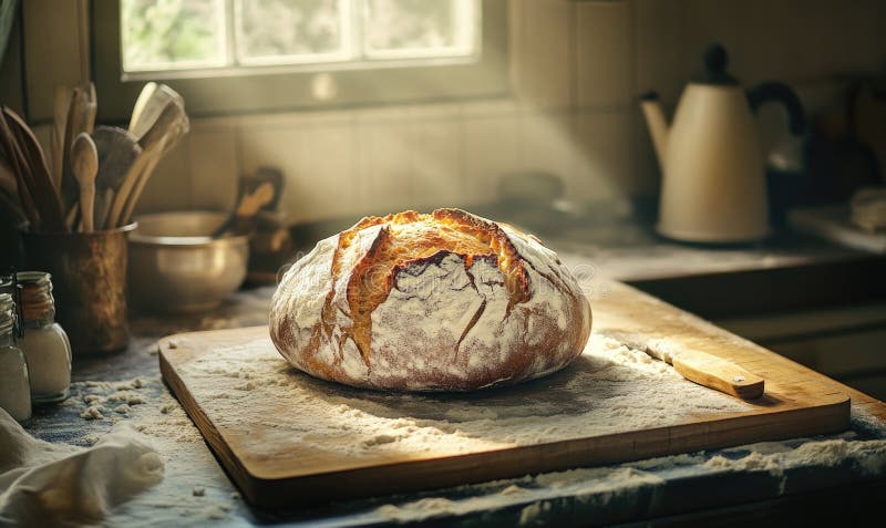 Warm Loaf of Bread on a Floured Board, Rustic Kitchen Stock Photo ...