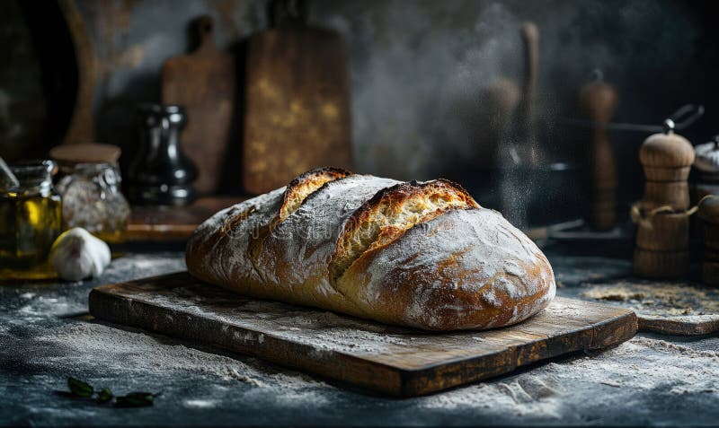 Warm Loaf of Bread on a Floured Board, Rustic Kitchen Stock Image ...