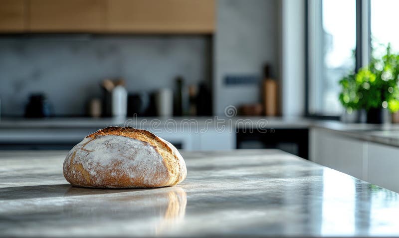 Warm Loaf of Bread on a Stone Countertop, Modern Kitchen Stock Photo ...