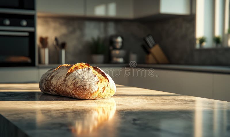 Warm Loaf of Bread on a Stone Countertop, Modern Kitchen Stock Photo ...