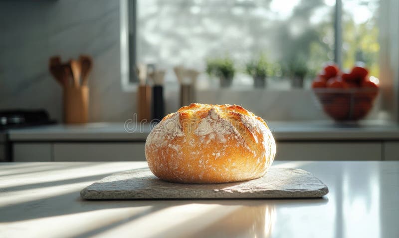 Warm Loaf of Bread on a Stone Countertop, Modern Kitchen Stock Image ...