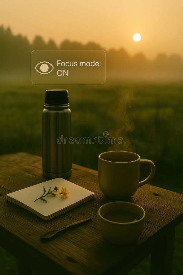 Warm Misty Morning Tea Break on Rustic Wooden Table Outdoors Stock ...