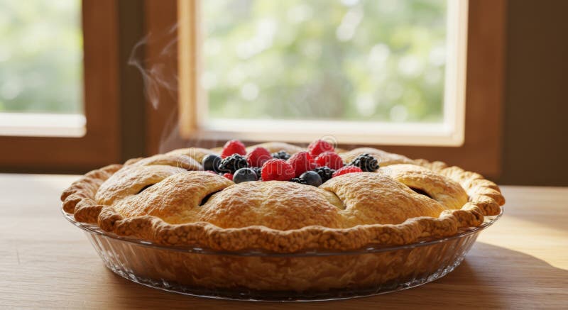 Warm Mixed Berry Pie on Wooden Table by Window Stock Illustration ...