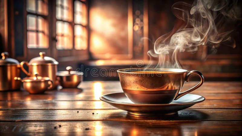 Warm Morning Beverage with Copper Accents on Rustic Wood Table ...