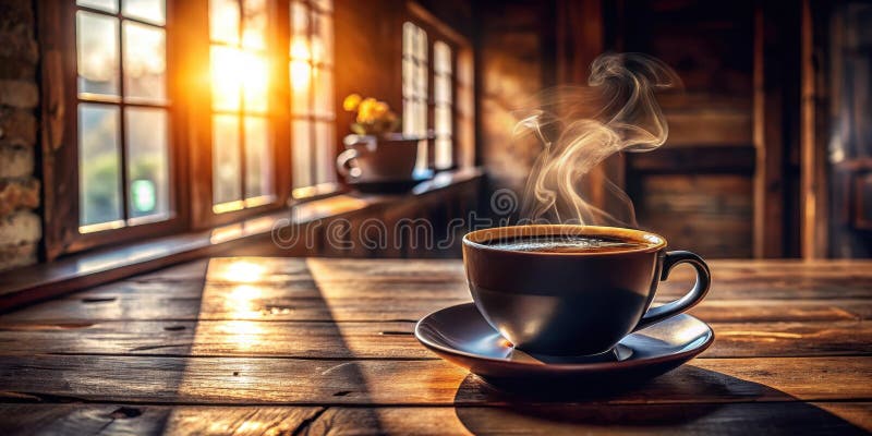 Warm Morning Coffee by the Window with Sun Rays on Rustic Wood Table ...