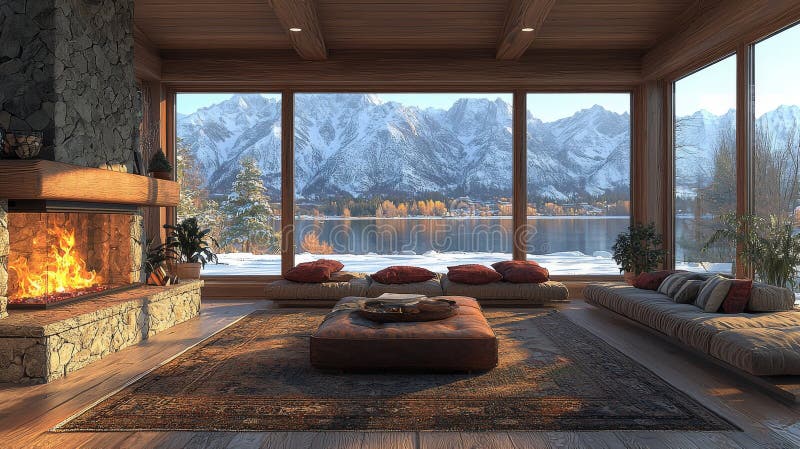 Warm Mountain Cabin Interior Featuring a Stone Fireplace, Perfect for ...