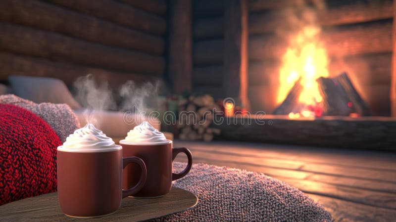 Warm Mugs of Hot Chocolate Sit beside Cozy Fireplace, Creating Festive ...