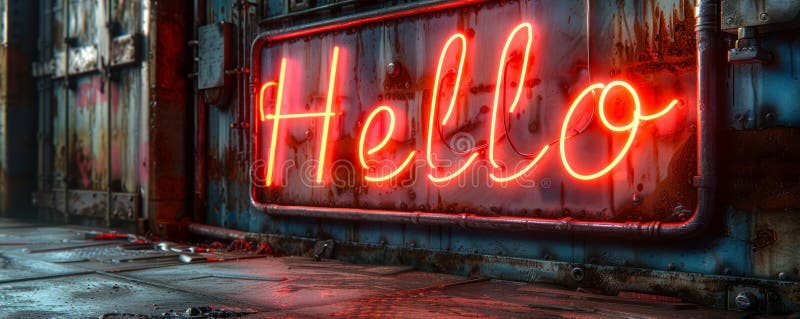 Warm Neon Hello Sign Glowing in Cursive Red Light Against a Rustic ...