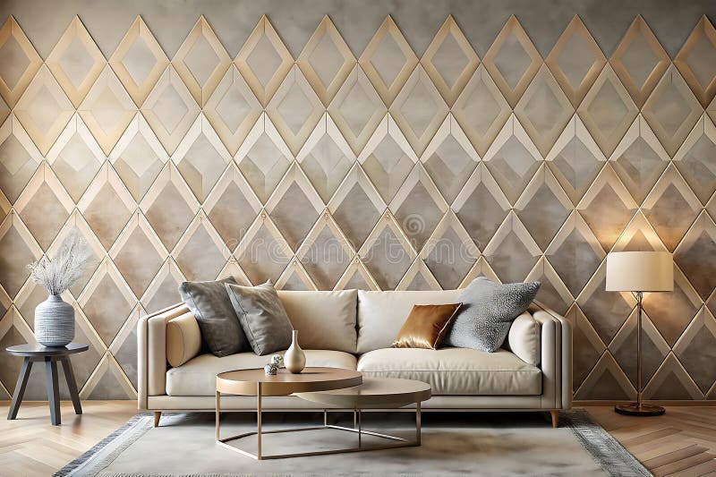 Cozy Room with Diamond Mural and Light Brown Sofa Setup Stock Photo ...