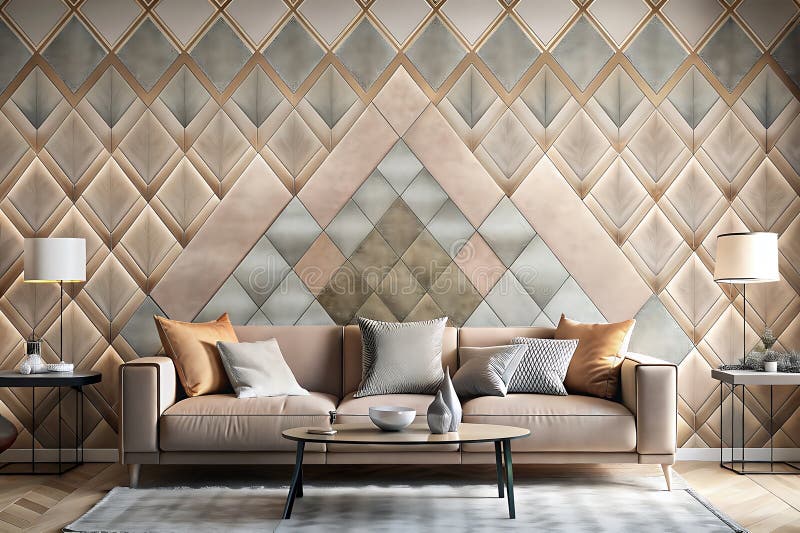 Diamond-patterned Mural and Stylish Furniture in a Warm Setting Stock ...