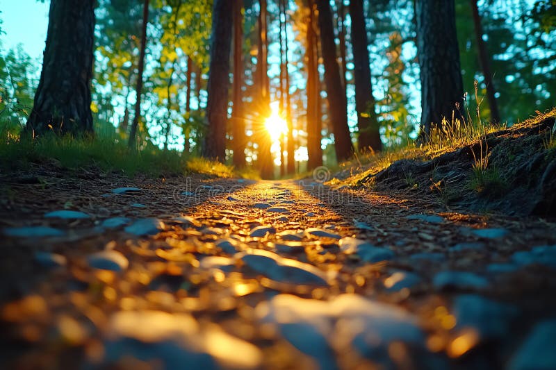 A Warm, Nostalgic Scene of Amber Light Filtering through the Trees at Dusk, Casting Long Shadows ...