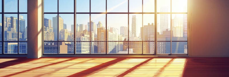 Warm Office Interior with Cityscape View at Sunset Stock Illustration ...