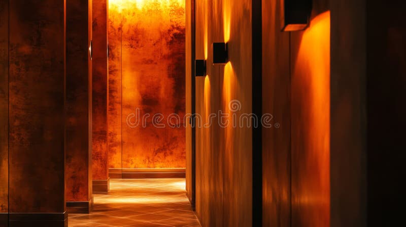 Warm Orange Hallway Interior with Dramatic Lighting Stock Illustration ...