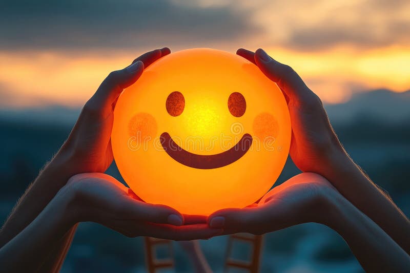 Glowing Smiley Face Balloon at Sunset, Happiness Concept Stock ...