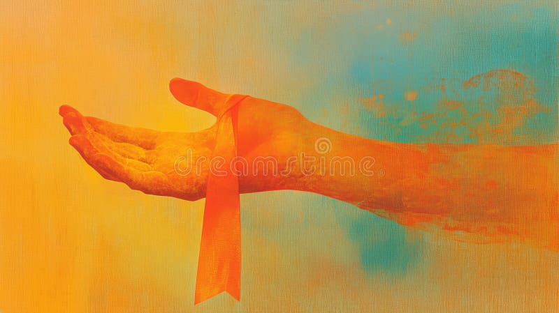 Warm Orange Ribbon in Outstretched Hand on Textured Background Stock ...