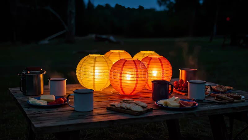 Warm Paper Lanterns Illuminate Outdoor Picnic Table Setting at Night in ...