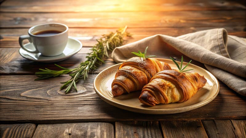 Warm Pastry and Coffee Breakfast on Rustic Wooden Table. Generative AI ...